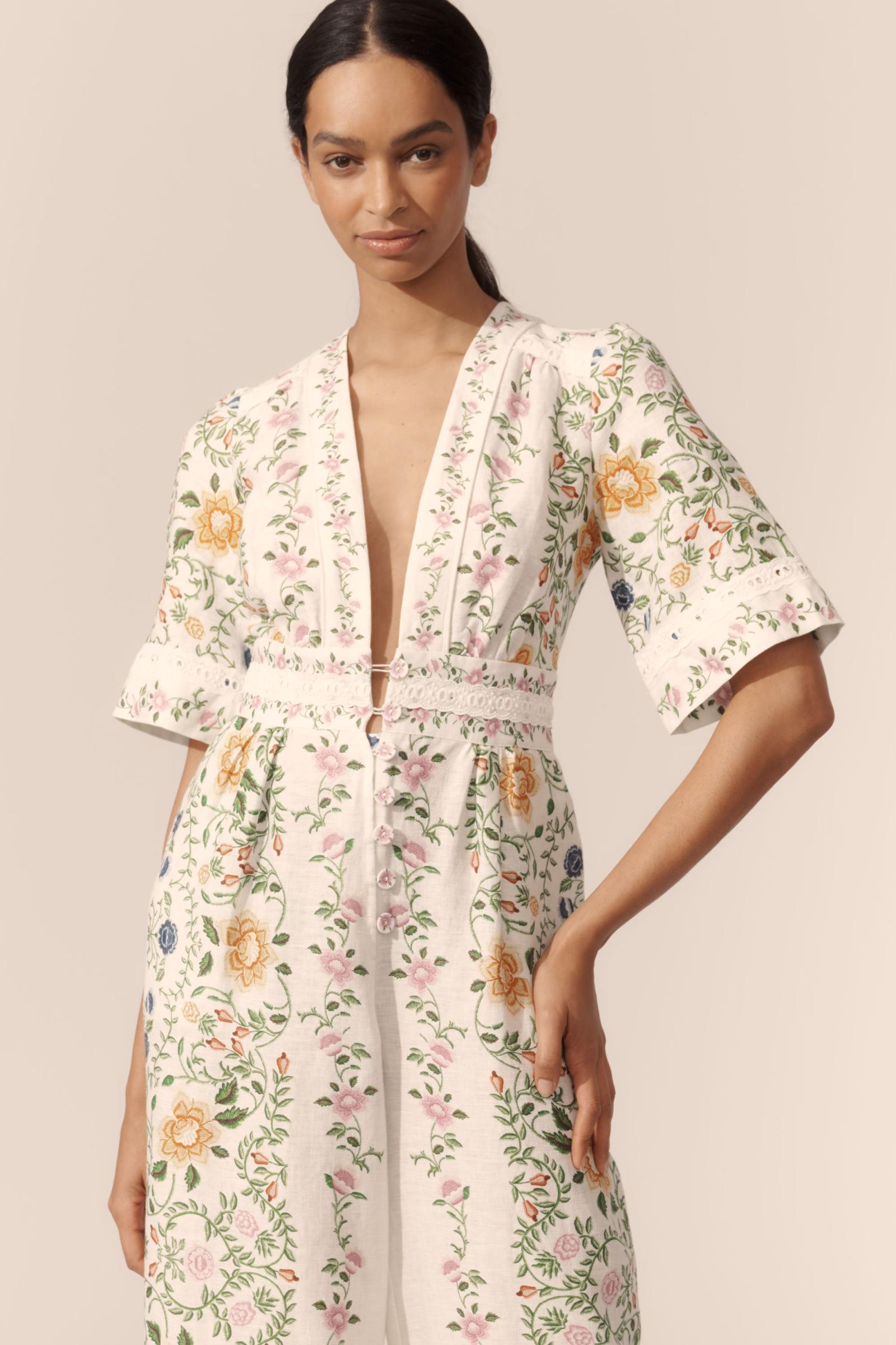 Granja Río Folk Floral Mezcla de Lino Mono de manga corta y pierna ...