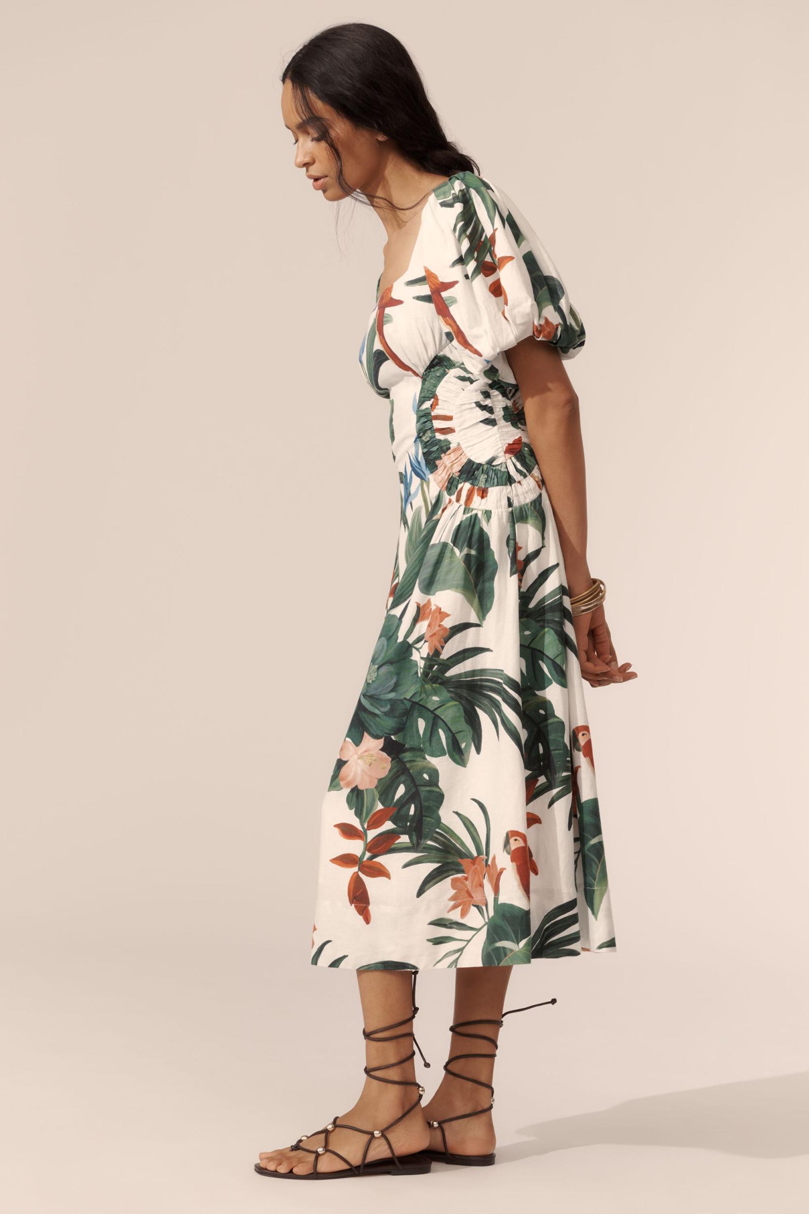 Farm Rio Midnight Macaw Fiesta Vestido midi de lino con mangas ...