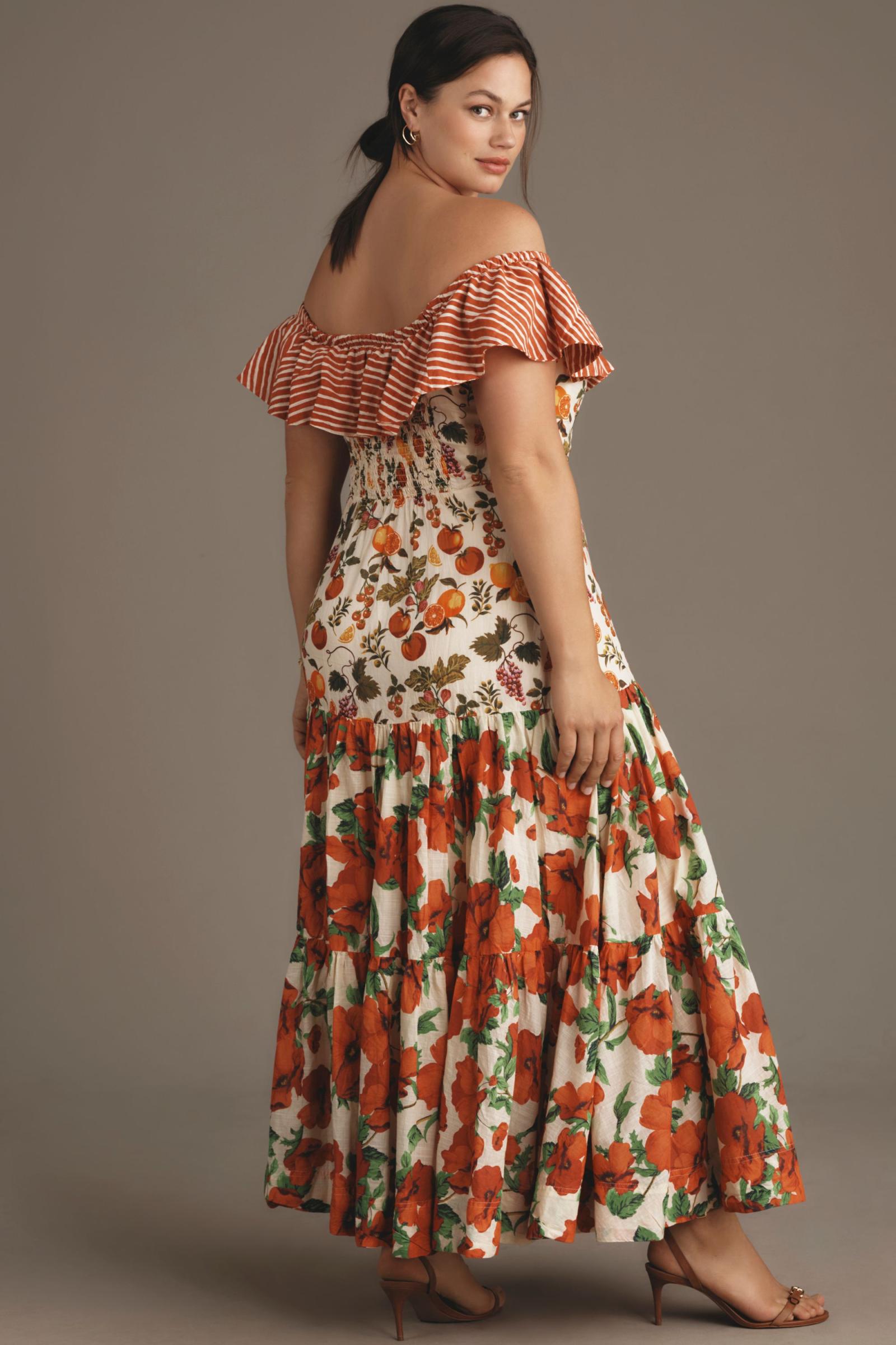 Maeve Off-the-Shoulder Mixed-Print Midi Dress | Anthropologie Korea ...