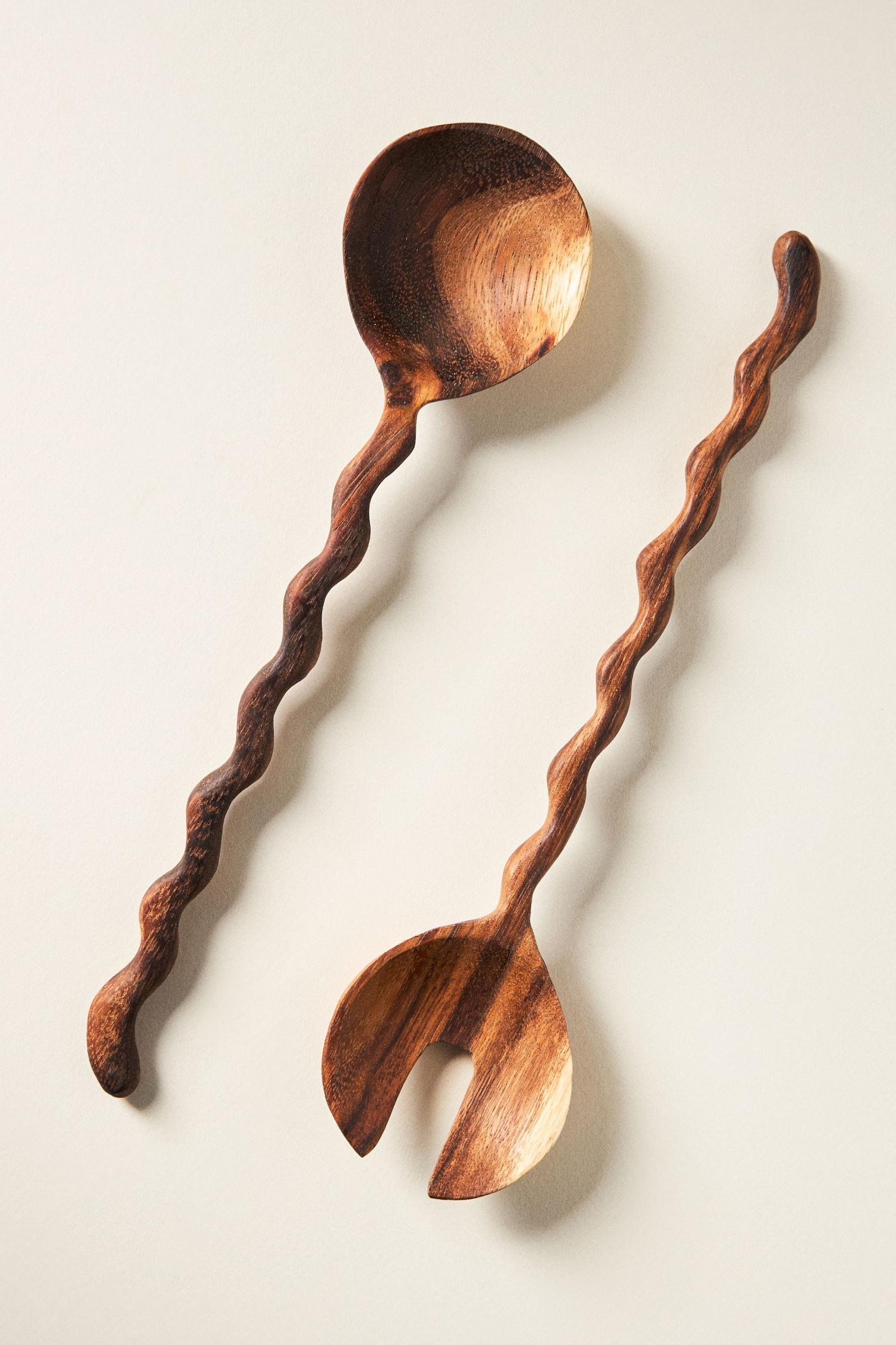 Wiggle Solid Acacia Wood Serve Set | Anthropologie ホーム