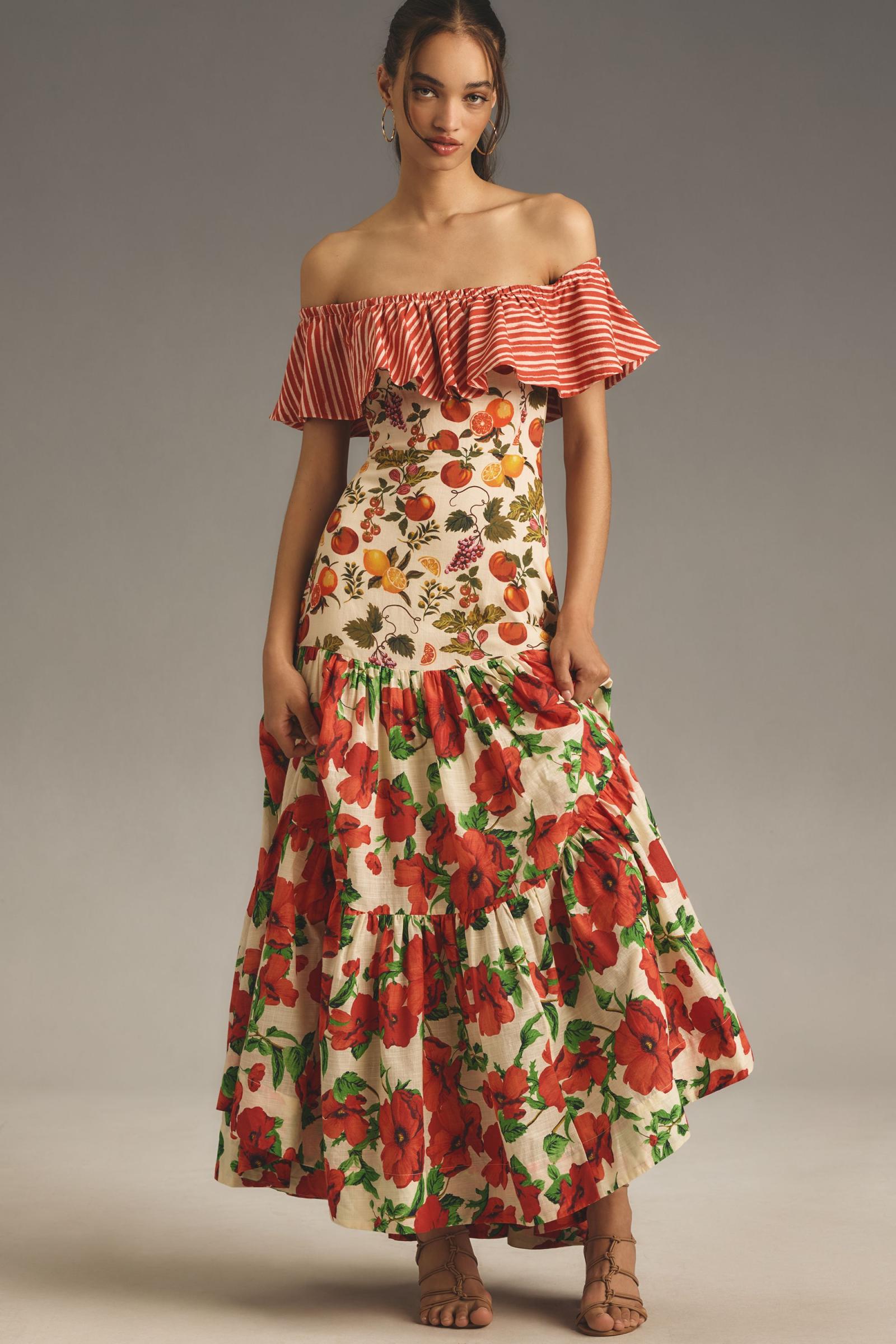 Maeve Off-the-Shoulder Mixed-Print Midi Dress | Anthropologie Korea ...