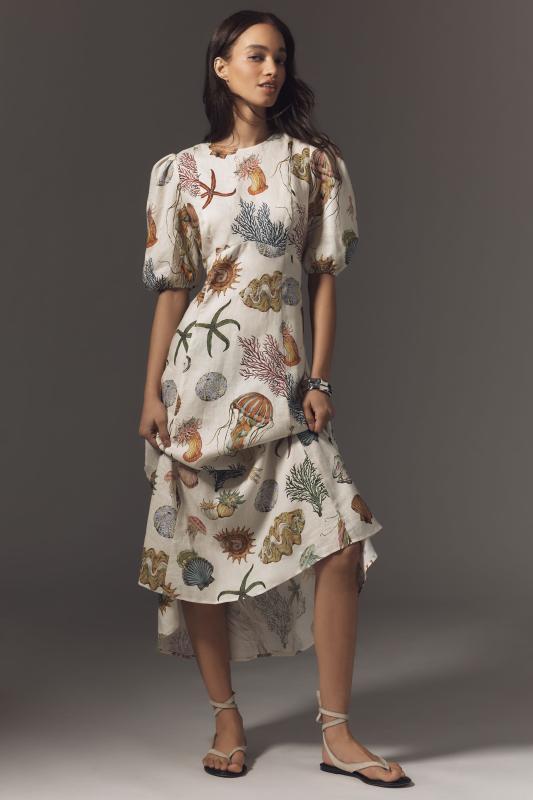 ALÉMAIS シー・ショートスリーブ・リネン・ミディドレス | Anthropologie ホーム