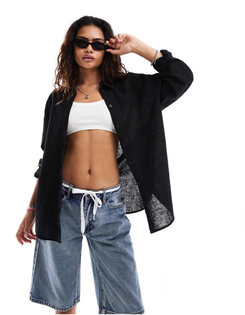 Monki - Monki linen blend oversize shirt in black をオンライン購入 | ASOS 日本公式 ...