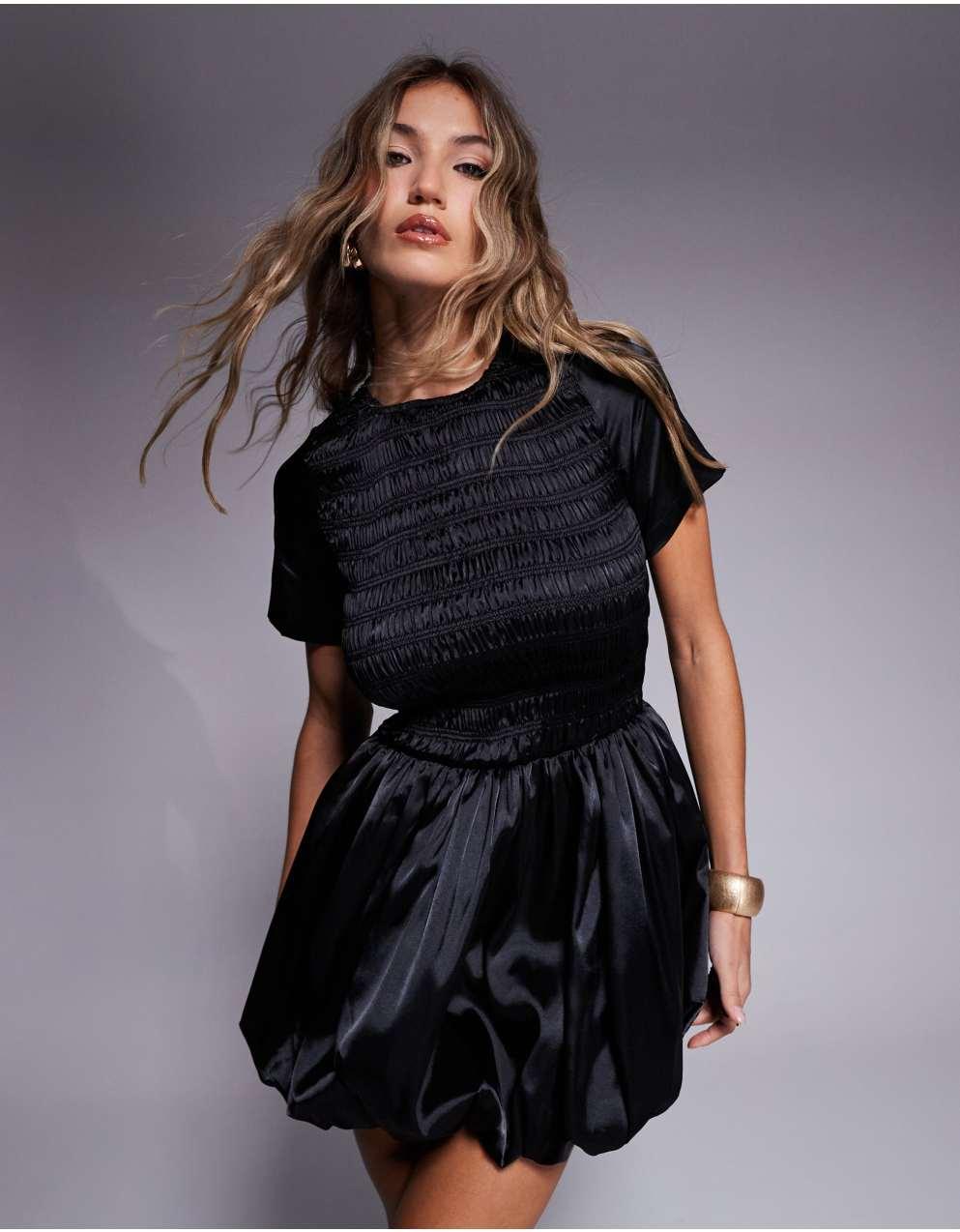 AMY LYNN - エイミー・リン エレノア シャーリング ショートスリーブ パフボール ウルトラミニ ドレス ブラックサテン をオンライン ...