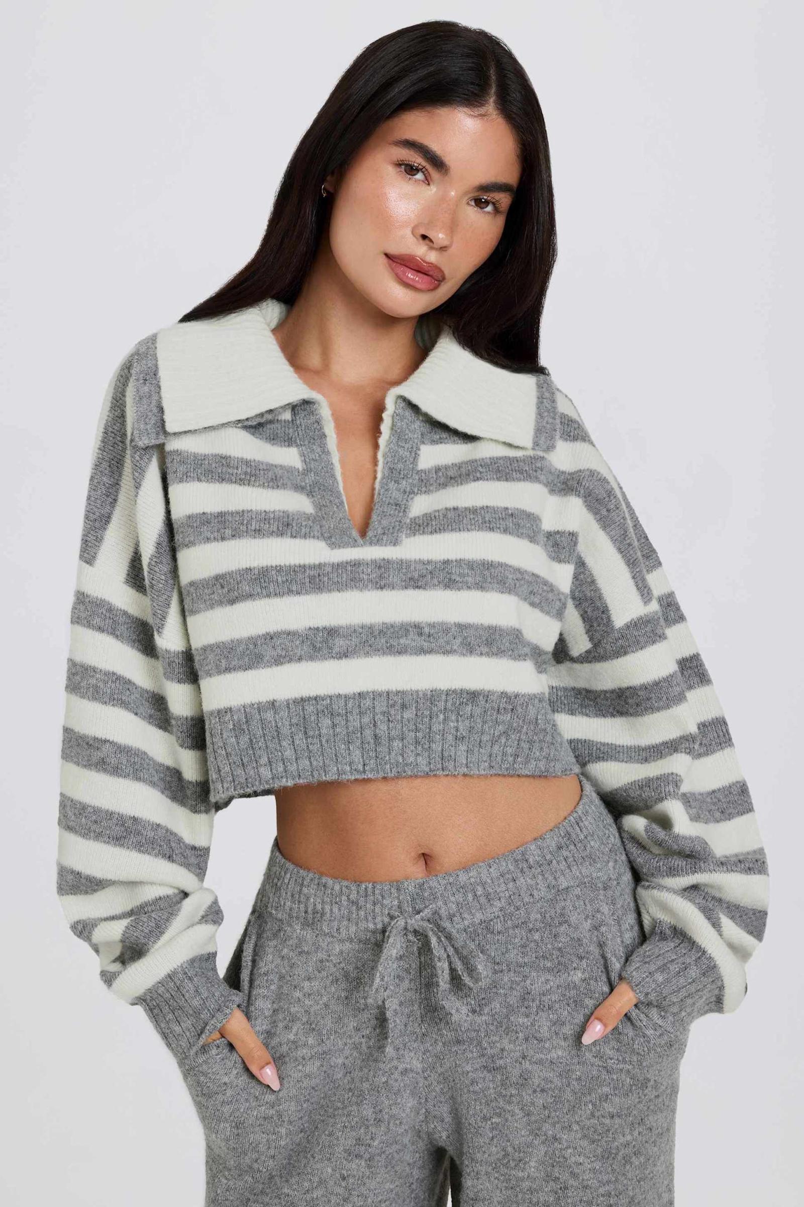 Soft Knit Layered Collar Cropped Sweater In Gray Stripe | Bo And Tee ...