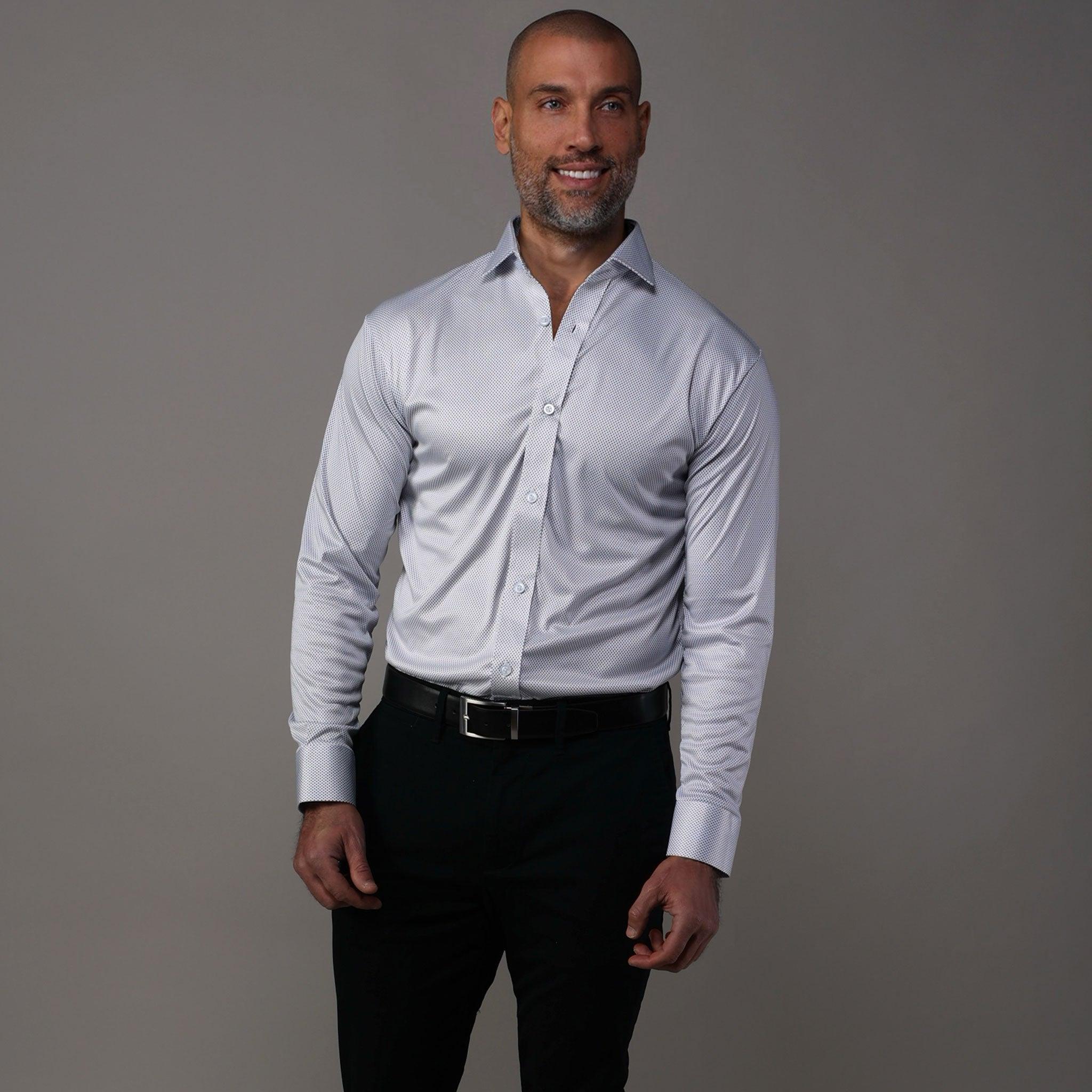 Quattro Flex Dress Shirt with Semi-Spread Collar White Micro Dot ...