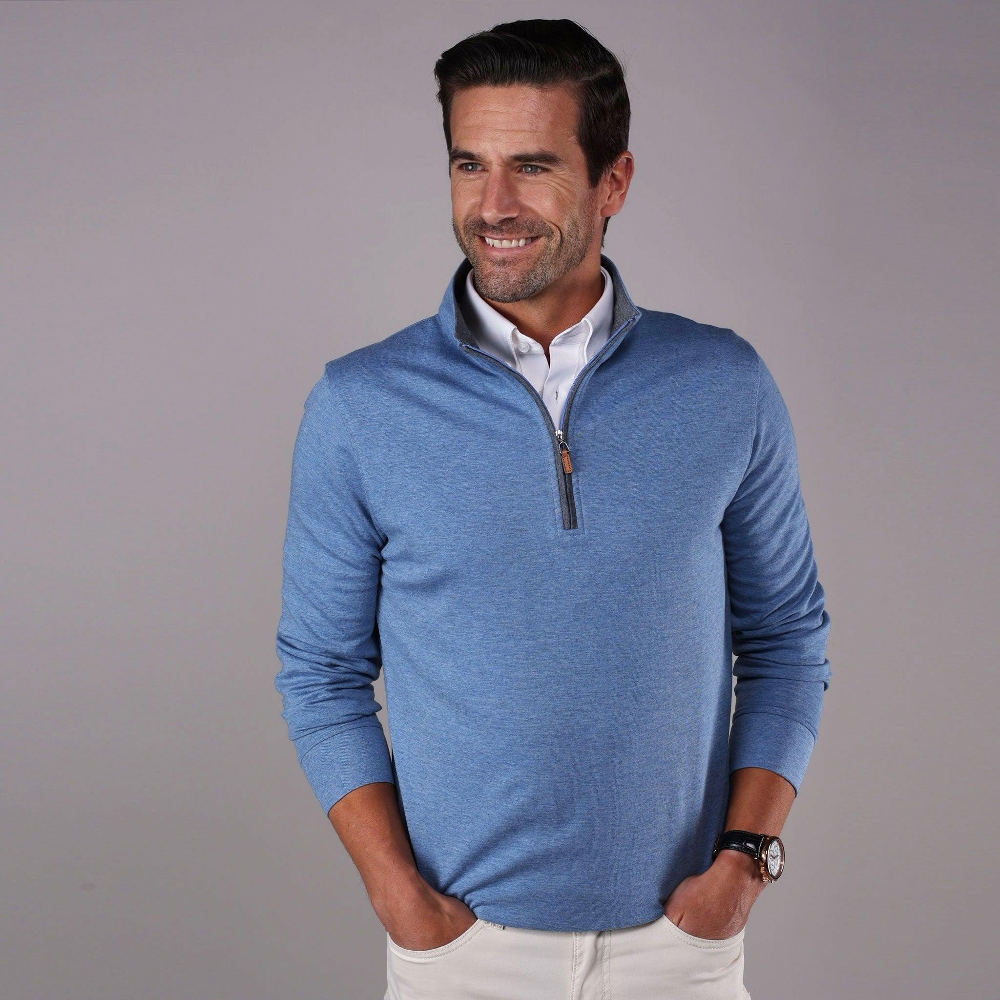 Medium Blue Heather Cloud Cotton Quarter Zip Pullover | Collars & Co ...