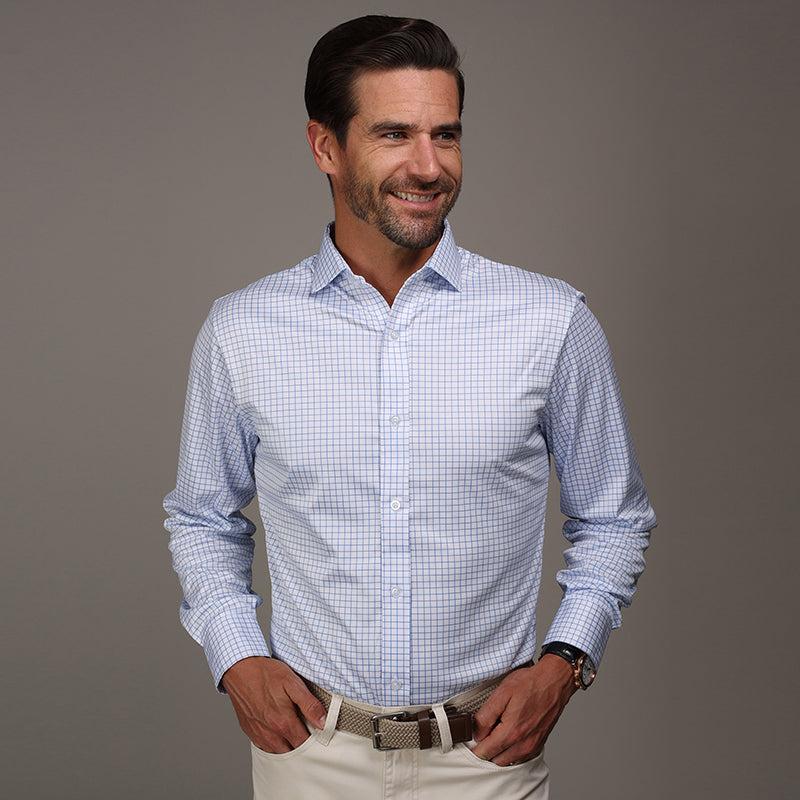 Quattro Flex Dress Shirt with Semi-Spread Collar Thin Blue Check ...