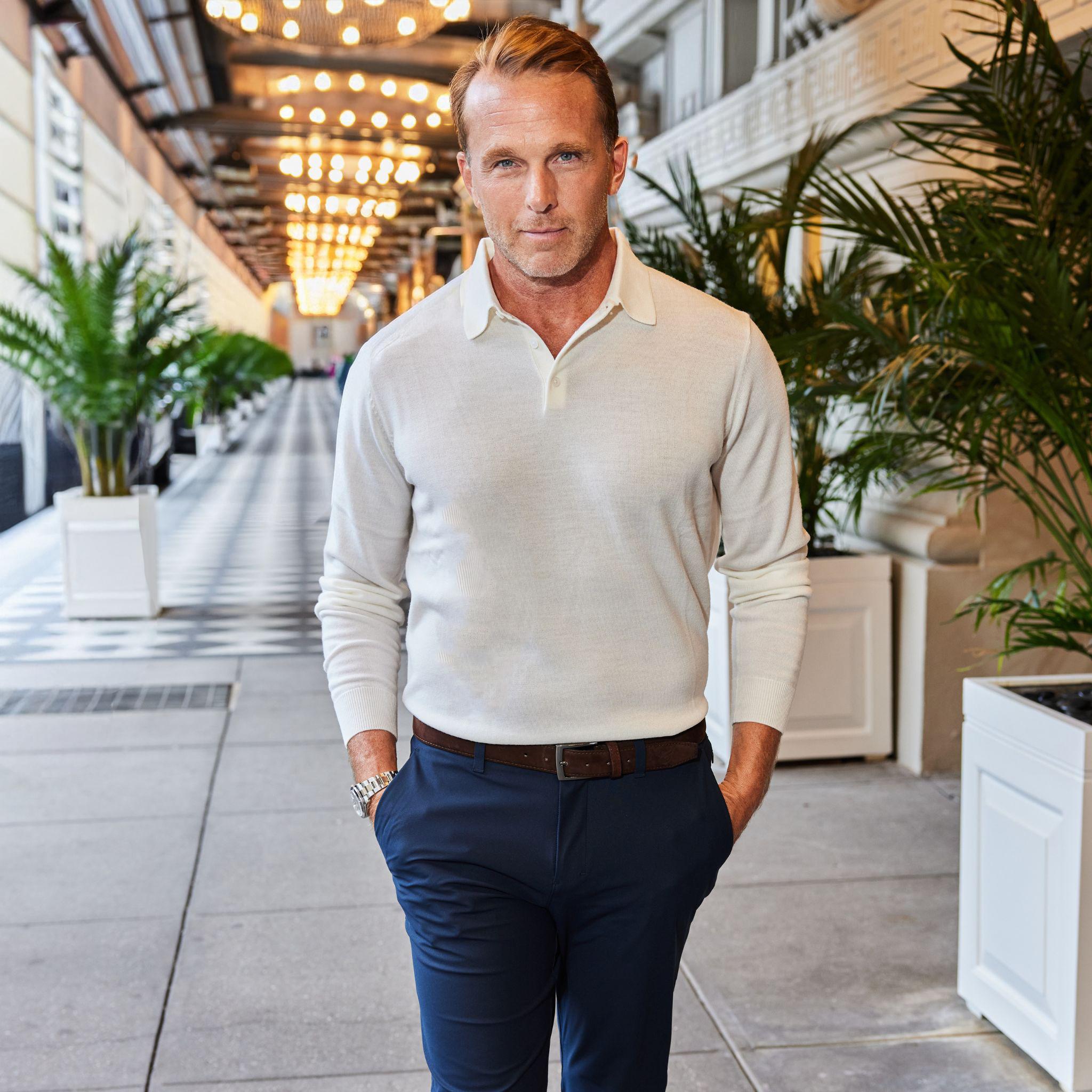 Bellagio Three Button Long Sleeve Merino Polo Cream | Collars & Co ...