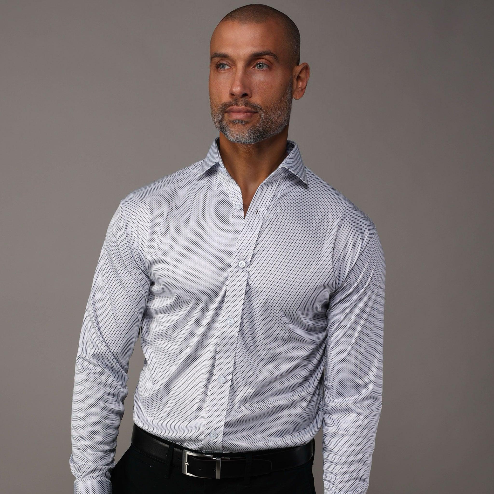 Quattro Flex Dress Shirt with Semi-Spread Collar White Micro Dot ...