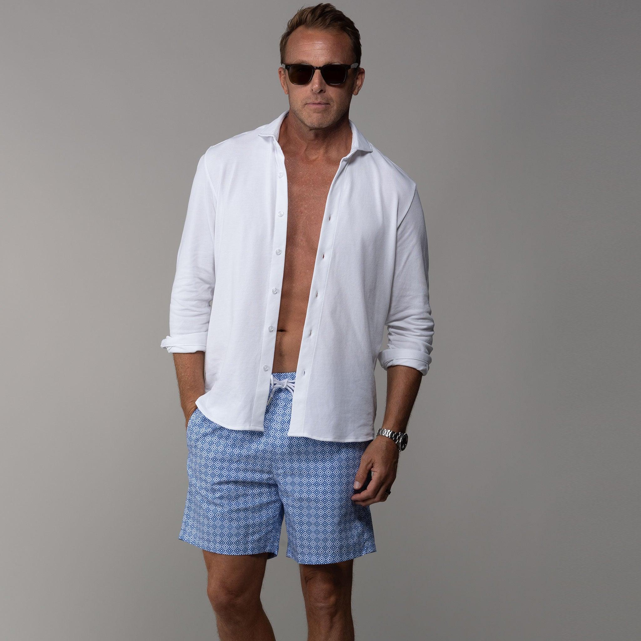 7" Riviera Swim Trunk Blue Geo | Collars & Co.: Designer Polo Shirts ...