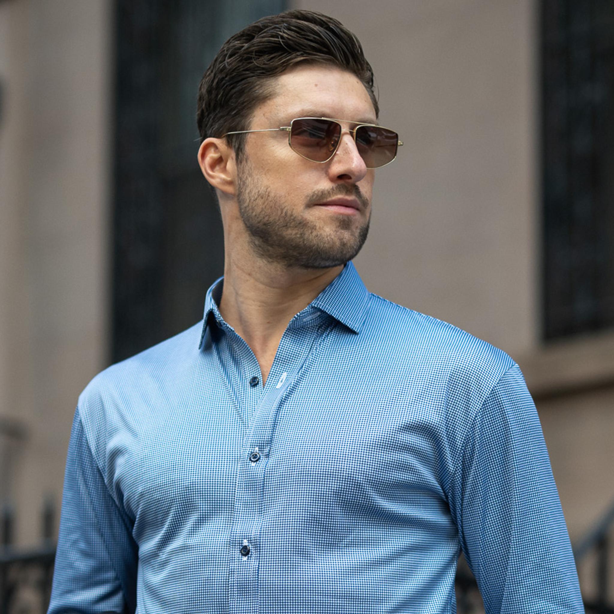 Quattro Flex Dress Shirt with Semi-Spread Collar Navy Houndstooth ...