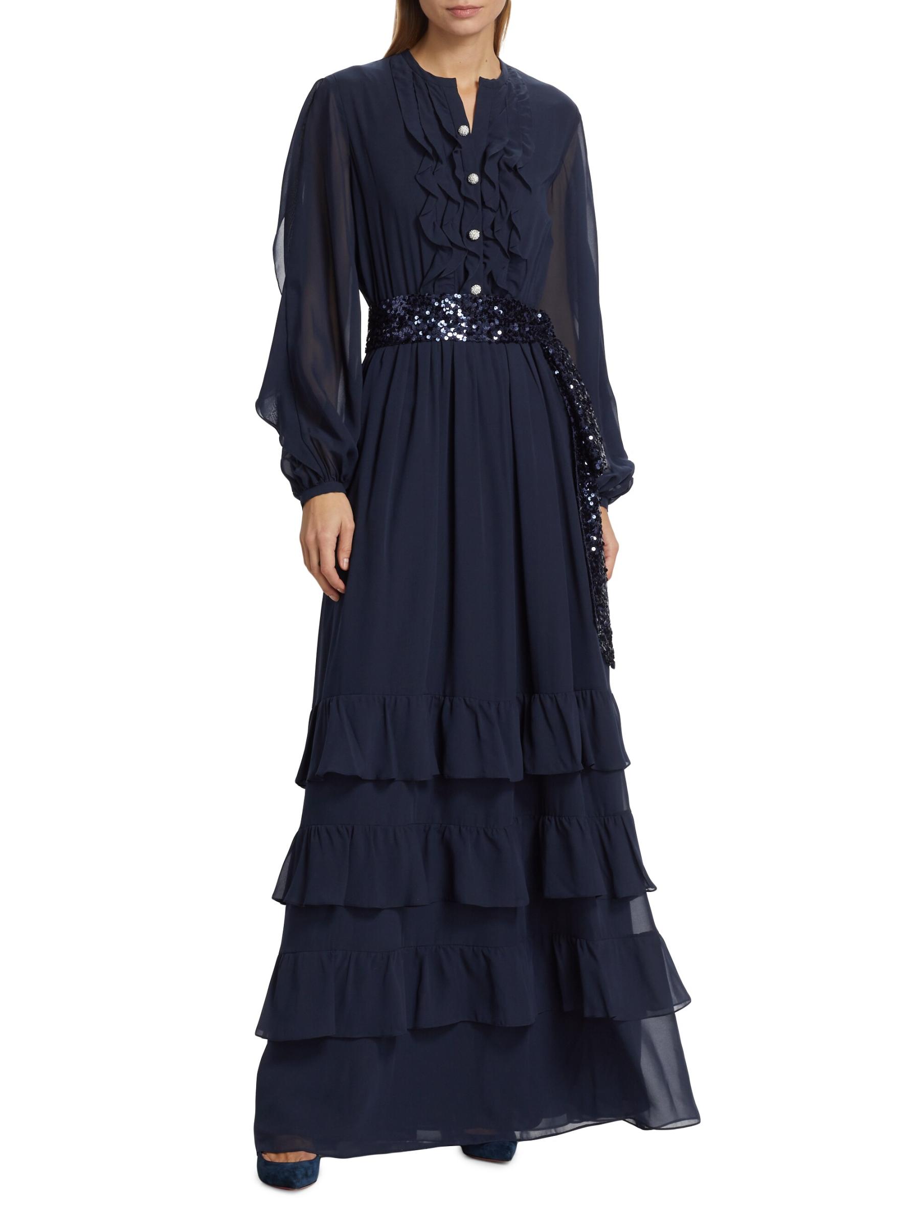 Shop Sachin & Babi - Venus Sequined Tie-Waist Tiered Chiffon Gown ...