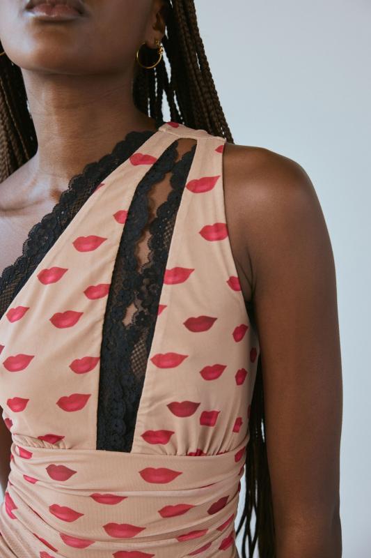 AFRM Delaney Almond Kiss One-Shoulder Lace Trim Top | Urban Outfitters ...