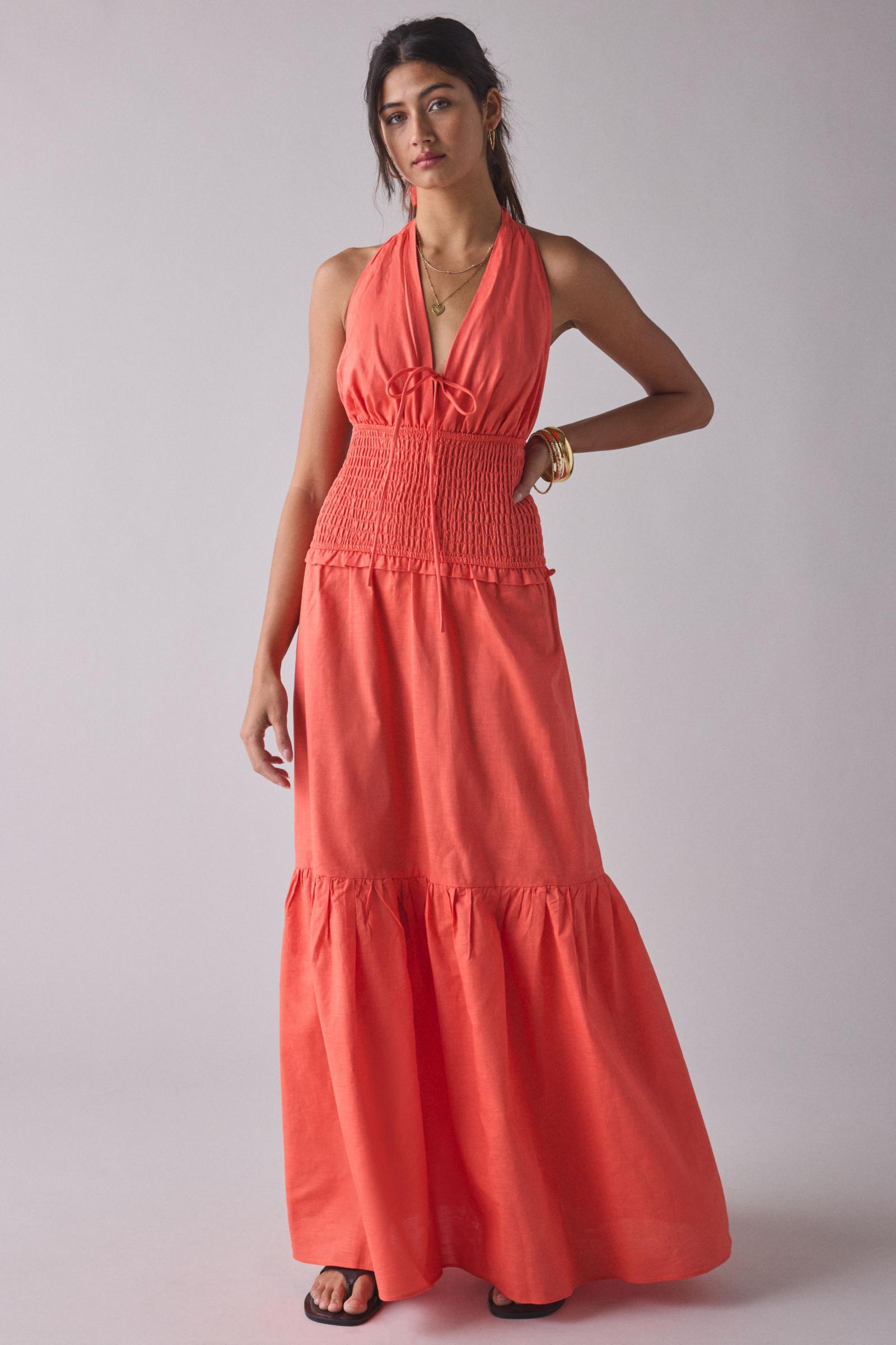 Glamorous Coral Plunge Halter Drop Waist Tiered Maxi Dress | Urban ...