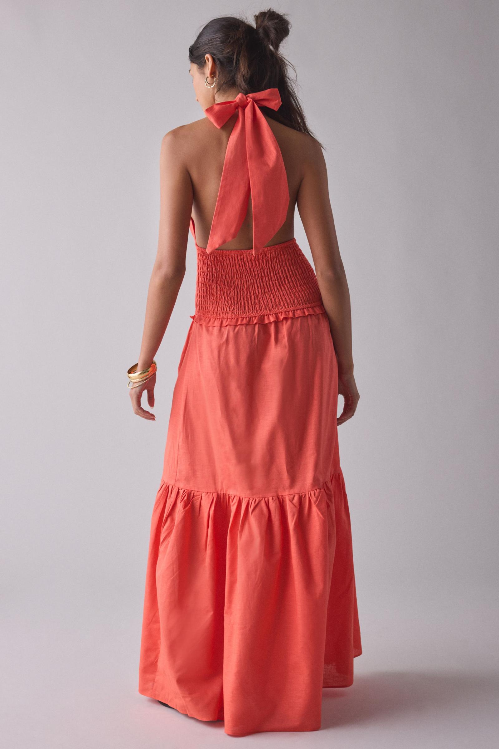 Glamorous Coral Plunge Halter Drop Waist Tiered Maxi Dress | Urban ...