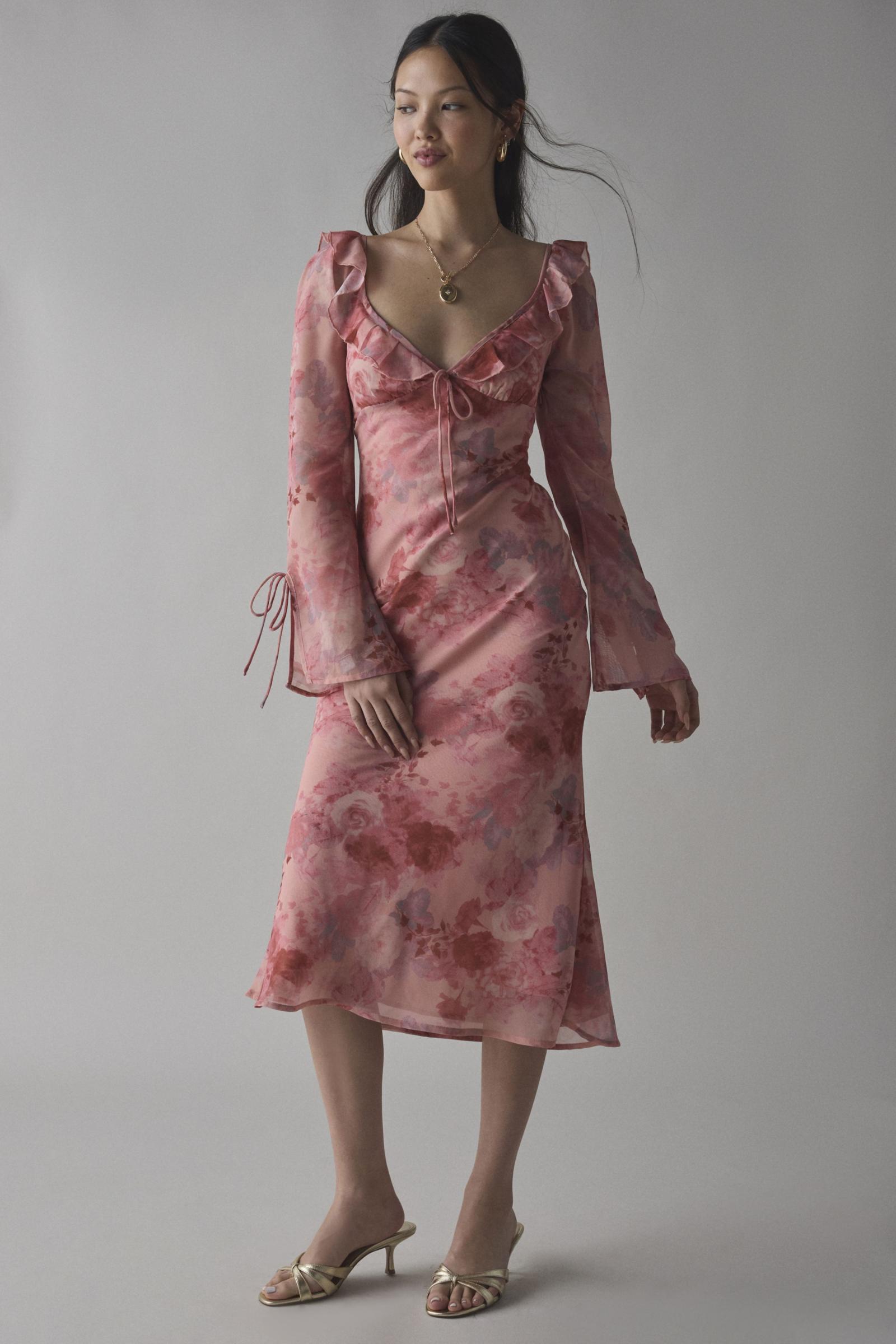 Kiss The Sky Ruffle-Trim Bell Sleeve Midi Dress | Urban Outfitters ...