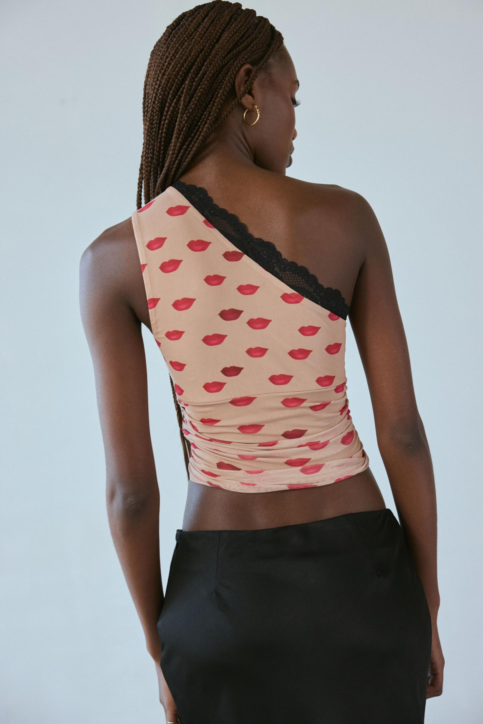 AFRM Delaney Almond Kiss One-Shoulder Lace Trim Top | Urban Outfitters ...